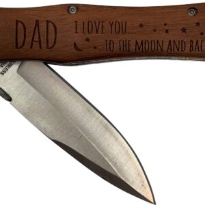 Dad - I Love You to The Moon and Back Stainless Steel Folding Pocket Knife with Clip, Wood