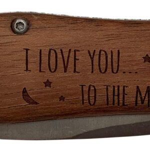 Dad - I Love You to The Moon and Back Stainless Steel Folding Pocket Knife with Clip, Wood