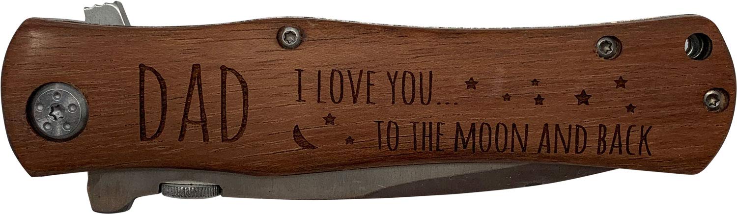 Dad - I Love You to The Moon and Back Stainless Steel Folding Pocket Knife with Clip, Wood