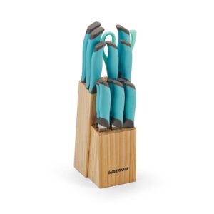 farberware soft grip cutlery knife block set, 14-piece, aqua and gray