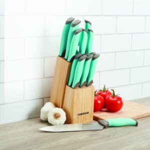 Farberware Soft Grip Cutlery Knife Block Set, 14-Piece, Aqua and Gray