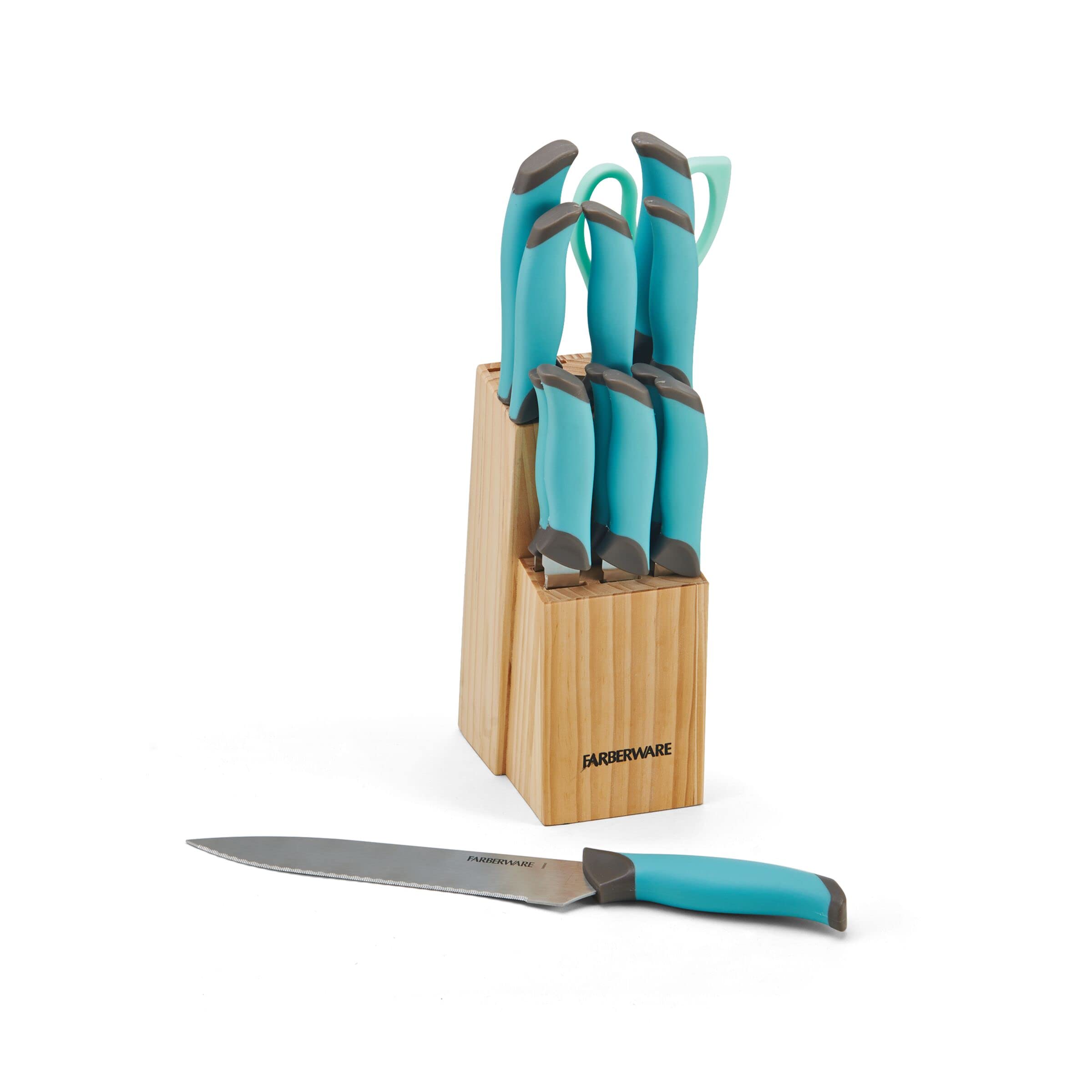 Farberware Soft Grip Cutlery Knife Block Set, 14-Piece, Aqua and Gray