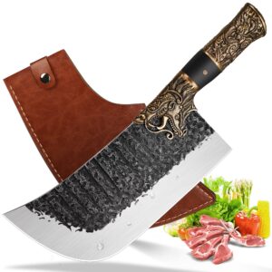 univinlions meat cleaver butcher knife bone cleaver knife heavy duty bone chopper knife with a sheath for kitchen outdoor birthday christmas gift idea men