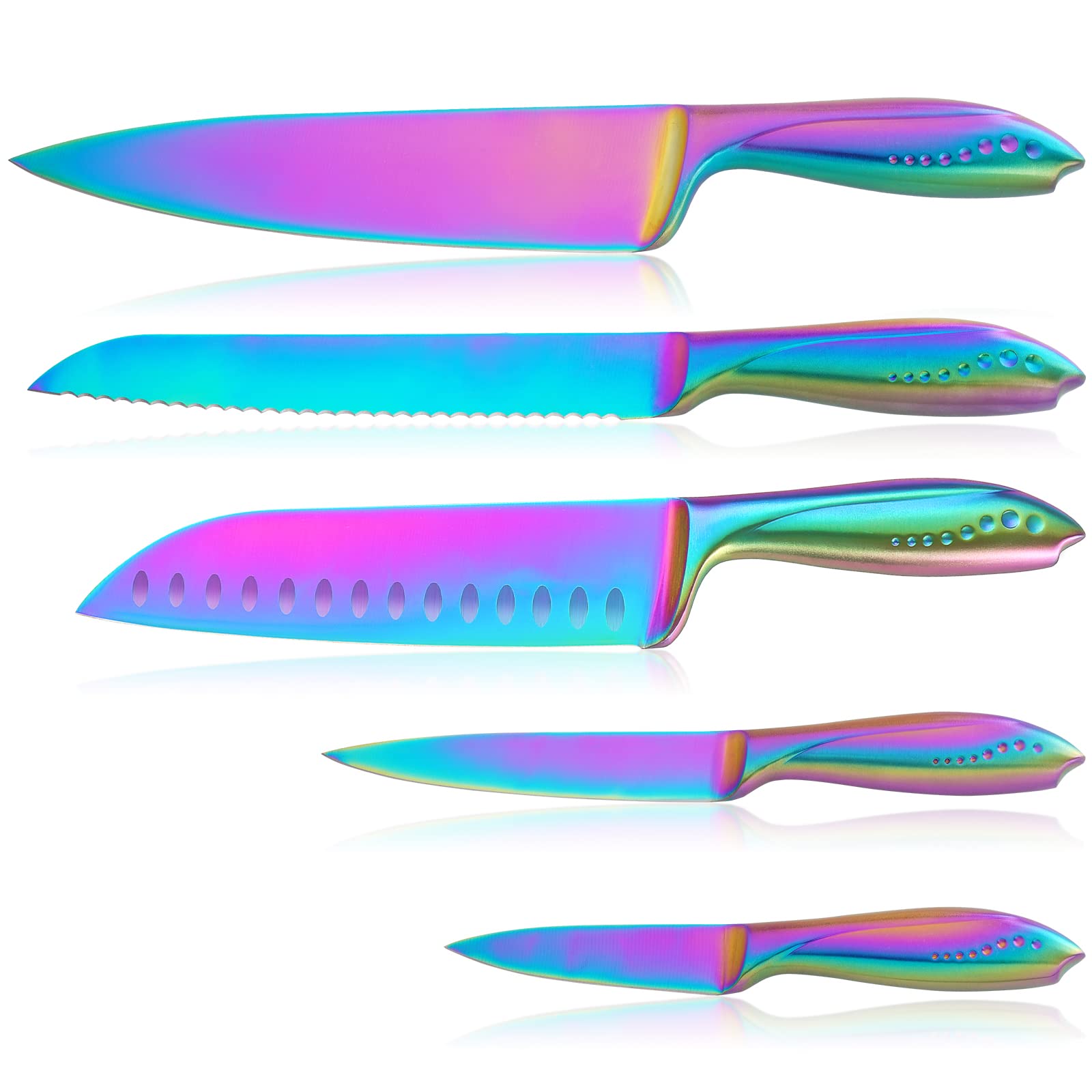 Hollory Rainbow Kitchen Knife Set 5 Piece, Super Sharp German Stainless Steel Blade with 8 in Chef, 8 in Bread, 7 in Santoku, 5 in Utility, 3.5 in Paring - Gift Box