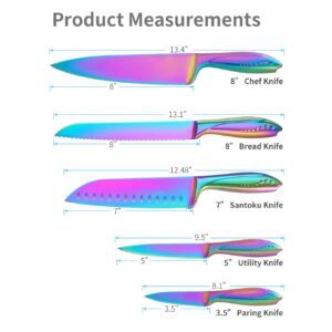 Hollory Rainbow Kitchen Knife Set 5 Piece, Super Sharp German Stainless Steel Blade with 8 in Chef, 8 in Bread, 7 in Santoku, 5 in Utility, 3.5 in Paring - Gift Box