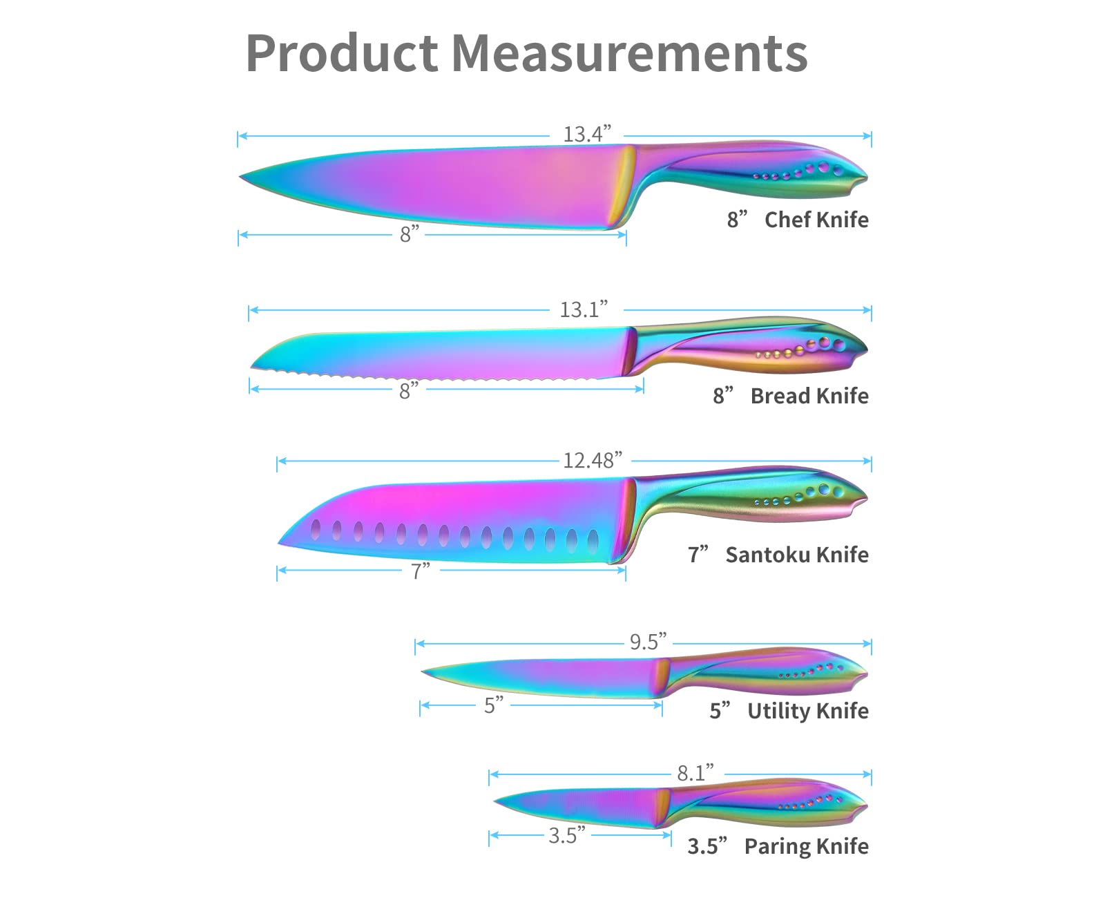 Hollory Rainbow Kitchen Knife Set 5 Piece, Super Sharp German Stainless Steel Blade with 8 in Chef, 8 in Bread, 7 in Santoku, 5 in Utility, 3.5 in Paring - Gift Box