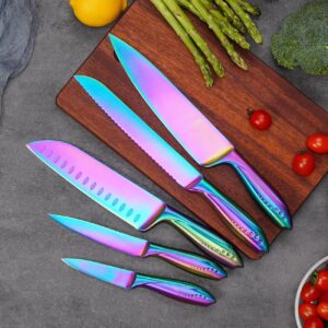 Hollory Rainbow Kitchen Knife Set 5 Piece, Super Sharp German Stainless Steel Blade with 8 in Chef, 8 in Bread, 7 in Santoku, 5 in Utility, 3.5 in Paring - Gift Box