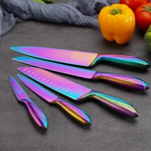 Hollory Rainbow Kitchen Knife Set 5 Piece, Super Sharp German Stainless Steel Blade with 8 in Chef, 8 in Bread, 7 in Santoku, 5 in Utility, 3.5 in Paring - Gift Box