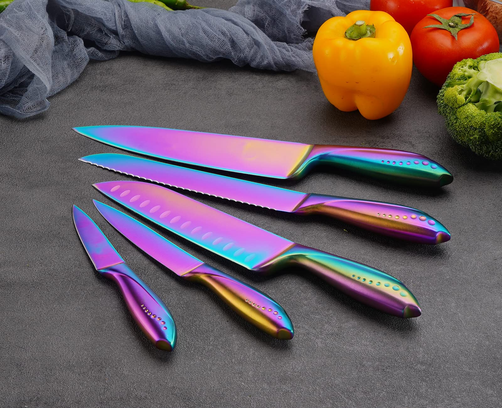 Hollory Rainbow Kitchen Knife Set 5 Piece, Super Sharp German Stainless Steel Blade with 8 in Chef, 8 in Bread, 7 in Santoku, 5 in Utility, 3.5 in Paring - Gift Box