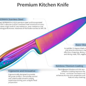 Hollory Rainbow Kitchen Knife Set 5 Piece, Super Sharp German Stainless Steel Blade with 8 in Chef, 8 in Bread, 7 in Santoku, 5 in Utility, 3.5 in Paring - Gift Box