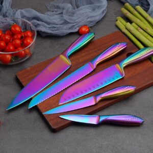 Hollory Rainbow Kitchen Knife Set 5 Piece, Super Sharp German Stainless Steel Blade with 8 in Chef, 8 in Bread, 7 in Santoku, 5 in Utility, 3.5 in Paring - Gift Box