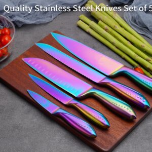 Hollory Rainbow Kitchen Knife Set 5 Piece, Super Sharp German Stainless Steel Blade with 8 in Chef, 8 in Bread, 7 in Santoku, 5 in Utility, 3.5 in Paring - Gift Box