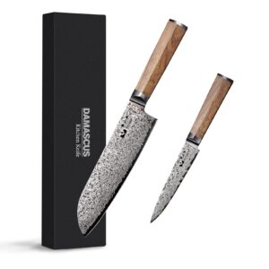 santoku knife damascus 7-inch, kitchen utility knife 5 inch damascus knife 67-layer damascus vg10 steel ultra sharp professional kitchen knife with hexagon natural wood handle, gift box