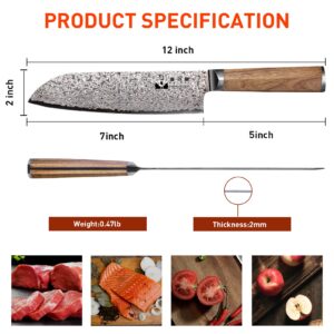 Santoku Knife Damascus 7-inch, Kitchen Utility Knife 5 inch Damascus Knife 67-Layer Damascus VG10 Steel Ultra Sharp Professional Kitchen Knife with Hexagon Natural Wood Handle, Gift Box