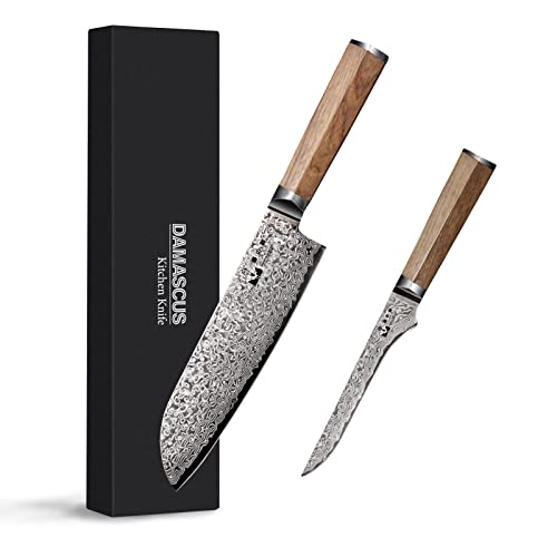 Santoku Knife 7-inch, Boning Knife 5.5 inch Damascus VG-10 Cutting Core 67-Layer Damascus Professional Kitchen Knife with Natural Wood Handle and Gift Box Best Chef’s Gift