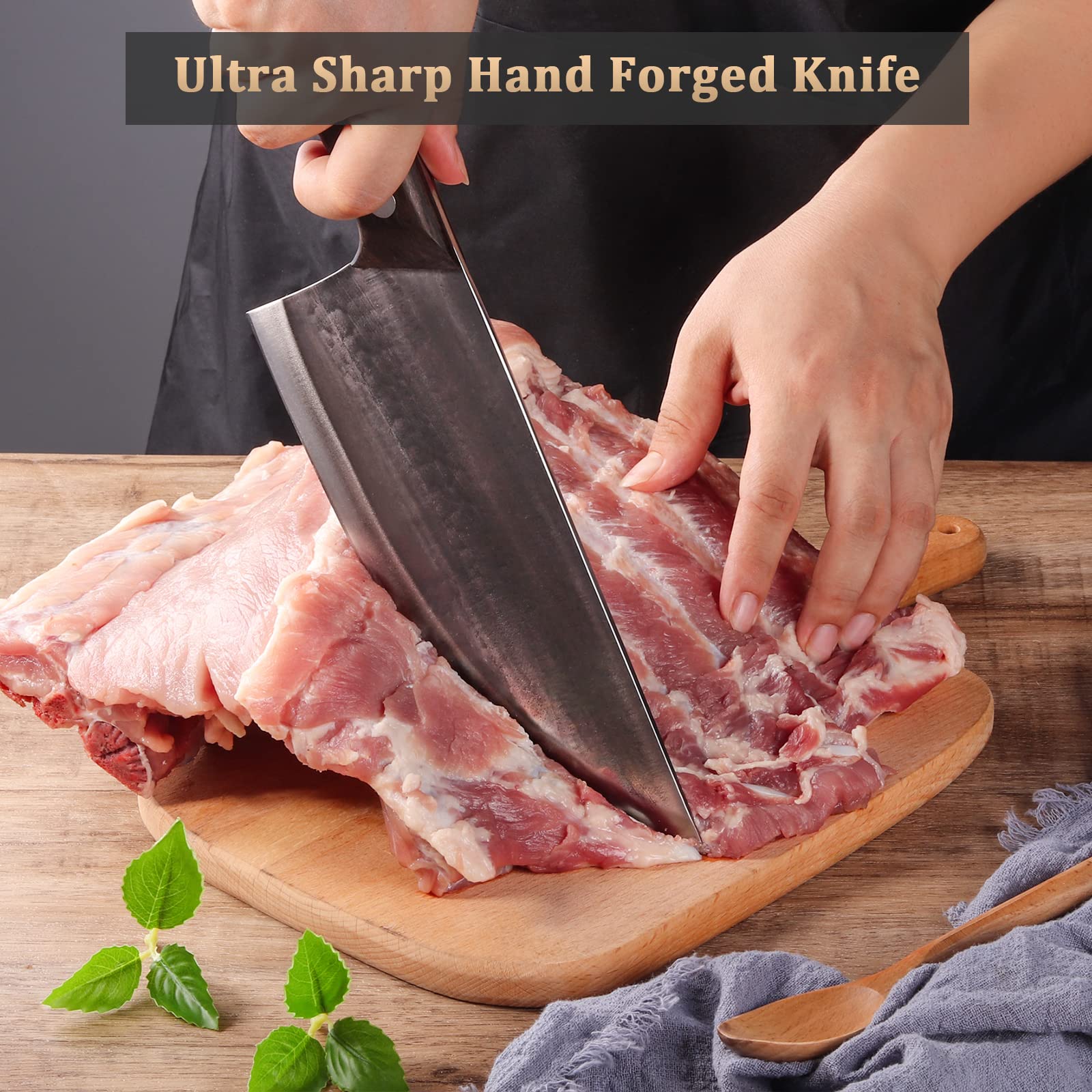 Kitchen Magnetic Knife Block with Acrylic Shield & Hand Made Chef Knife Anti-Rust Oil Coating Kitchen Cooking Knife Dividing Knife Boning Knife Hand Forged High Carbon Steel Butcher Knife For BBQ Home