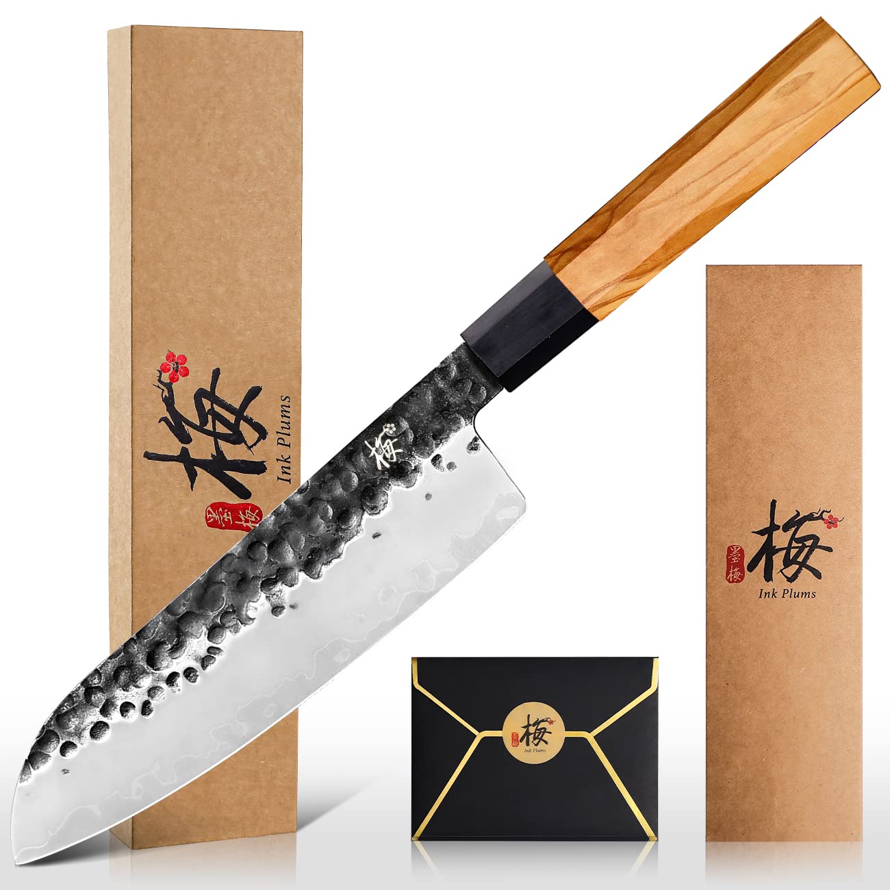 Ink Plums Santoku Chef’s Knife 7 Inch,Japanese Sharp Blade Kitchen Knife with Olivewood Handle And Beautiful Gift Box