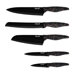 hecef 5 pcs non-stick coated kitchen knife set with pp handle and protective sheath, exclusive black chef knife set, scratch resistance & rust proof (lightning pattern)