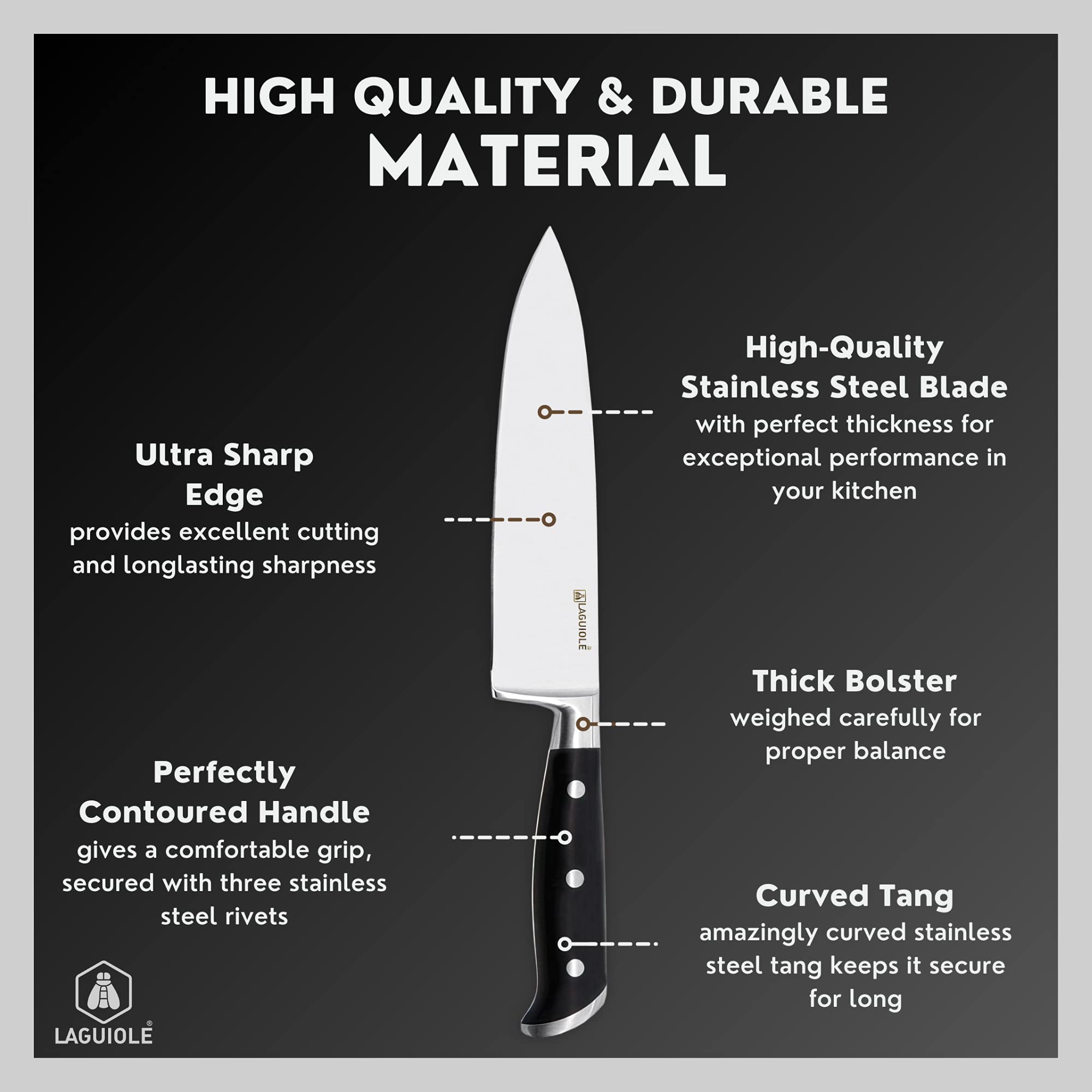 LAGUIOLE 8-Inch Professional Chef Knife - Stainless Steel Kitchen Knife with Ergonomic Handle - Effortlessly Sharp & Easy to Sharpen - Best for Cutting, Chopping & Slicing Meats, Vegetables & Fruits