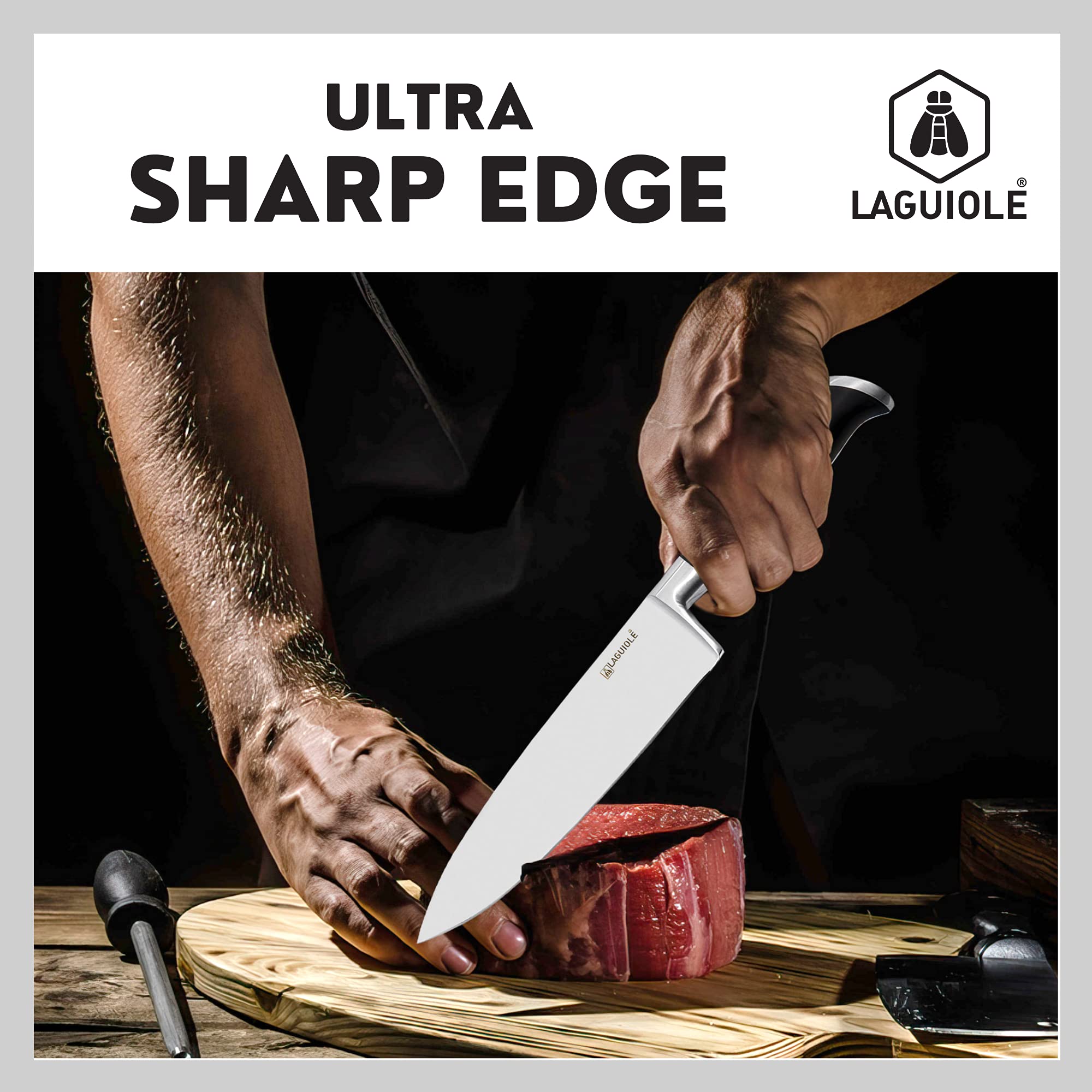 LAGUIOLE 8-Inch Professional Chef Knife - Stainless Steel Kitchen Knife with Ergonomic Handle - Effortlessly Sharp & Easy to Sharpen - Best for Cutting, Chopping & Slicing Meats, Vegetables & Fruits