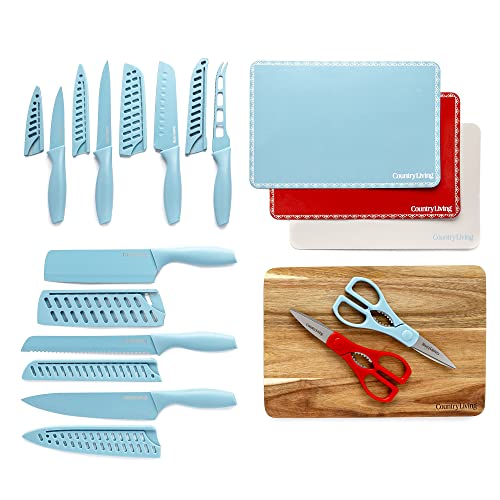 Country Living 20-Piece Kitchen Knife Quality Stainless-Steel Blades with Guards, Complete Set includes Knives, Shears, Acacia Cutting Board and Flexible Chopping Mats, Blue