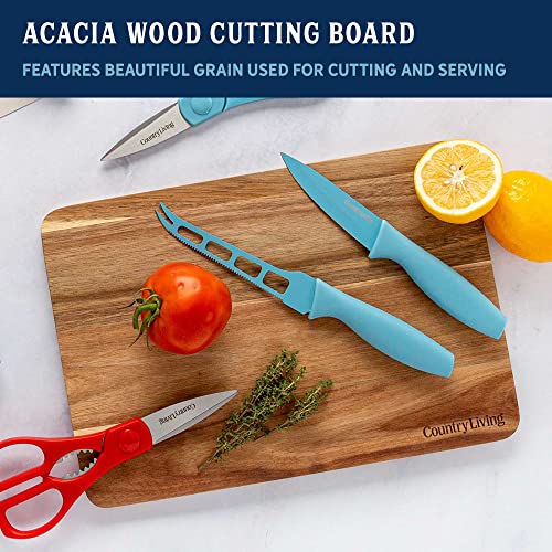 Country Living 20-Piece Kitchen Knife Quality Stainless-Steel Blades with Guards, Complete Set includes Knives, Shears, Acacia Cutting Board and Flexible Chopping Mats, Blue