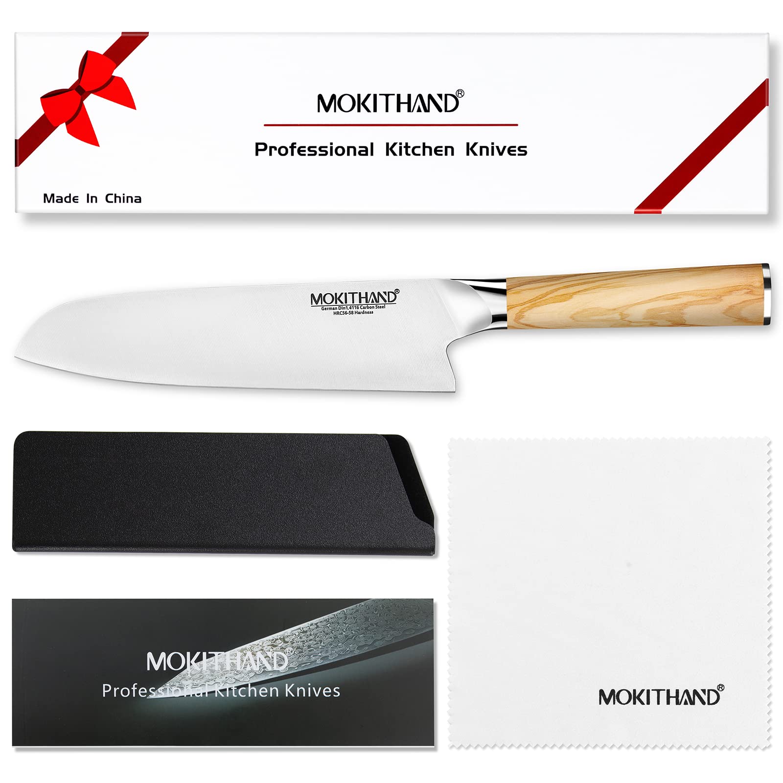 MOKITHAND Santoku Knife 7 Inch Kitchen knife, Super Sharp Japanese Chef Knife with Sheath, German 1.4116 Steel Asian Cooking Knife for Meat Vegetable Fruits, Olive Wood Handle and Gift Box