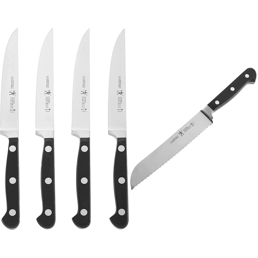 HENCKELS Classic Razor-Sharp Steak Knife Set of 4 and Bread Knife, German Engineered