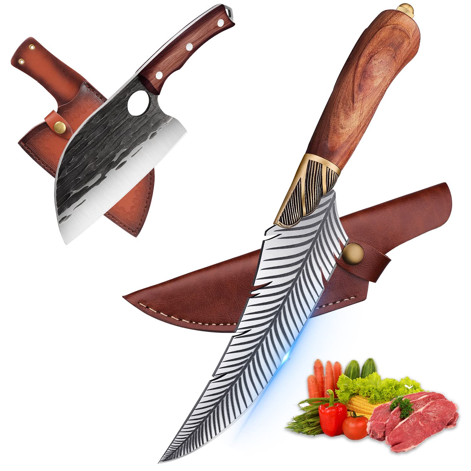 5.9" Feather Knife Serbian Chef Knife Set Forged in Fire Boning Meat Cleaver Knife High Carbon Steel Kitchen Cleaver with Sheath for Outdoor Camping BBQ Collection Christmas Gift Men