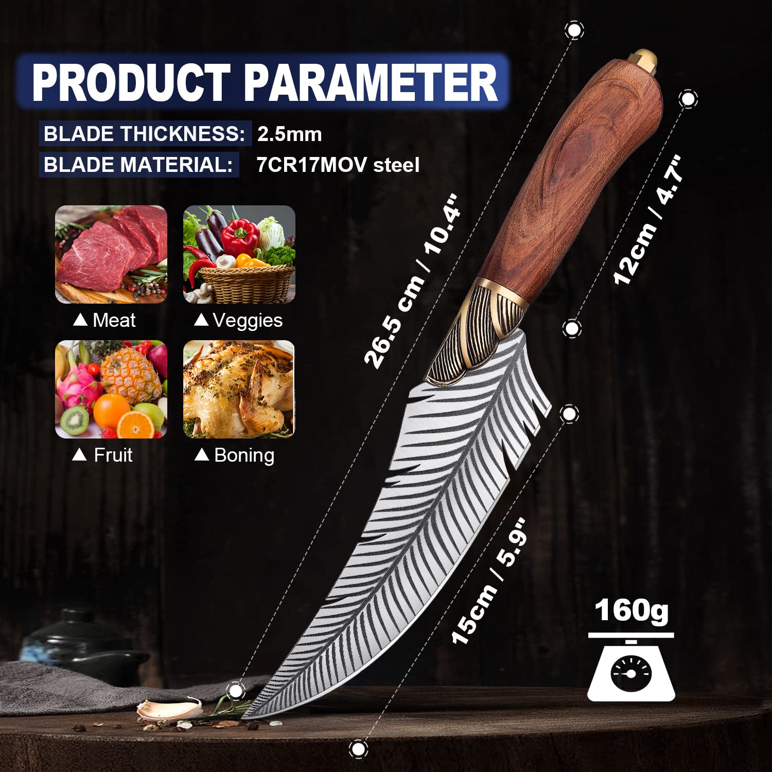 5.9" Feather Knife Serbian Chef Knife Set Forged in Fire Boning Meat Cleaver Knife High Carbon Steel Kitchen Cleaver with Sheath for Outdoor Camping BBQ Collection Christmas Gift Men