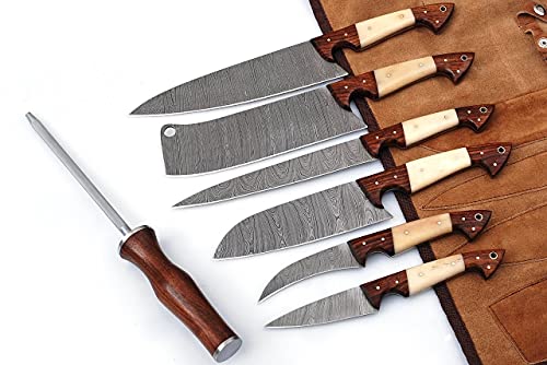 Damascus Knives Handmade Professional Kitchen Knife Set, 7pcs Best Steel Blade Chef set With Storage Leather Roll Case Bag, Cutlery Cooking Sets Wood/Bone Handle(14111)