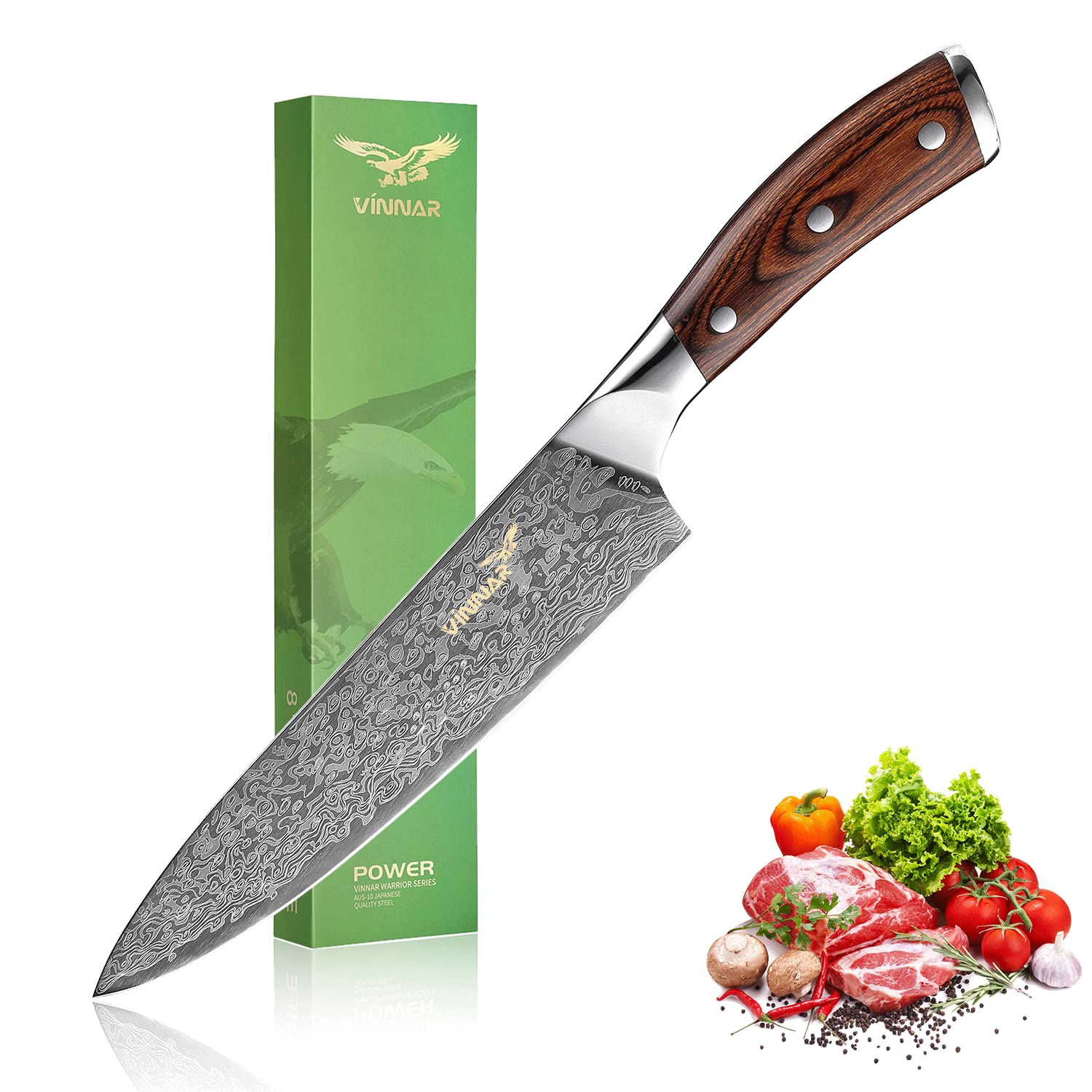 VINNAR Chef Knife,Professional Kitchen Knives 8 inch Japanese Stainless Steel Meat Cleaver Colored Solid Wood Handle