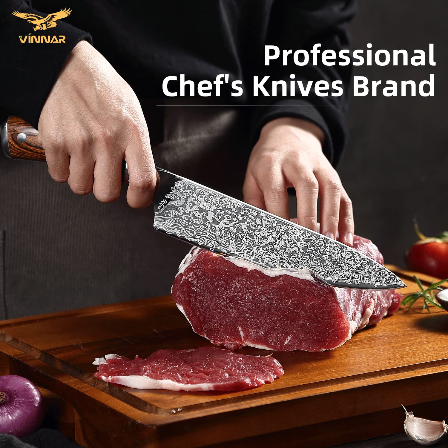 VINNAR Chef Knife,Professional Kitchen Knives 8 inch Japanese Stainless Steel Meat Cleaver Colored Solid Wood Handle