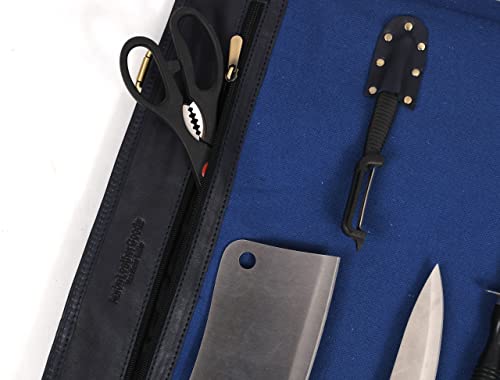 Leather Knife Roll Storage Bag, Elastic and Expandable 10 Pockets, Adjustable/Detachable Shoulder Strap, Travel-Friendly Chef Knife Case (Detroit, Canvas)