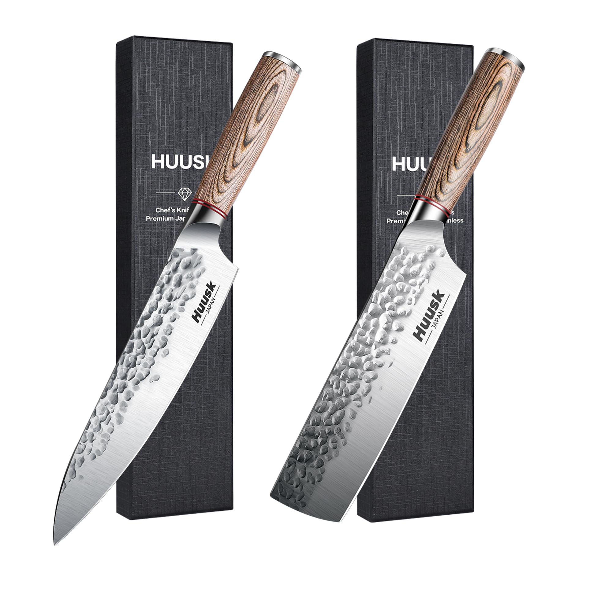 Huusk Japan Knife Professional Kitchen Knife Boning and Gyutou Knife Set for Meat Bones and Greens Cutting High Carbon Steel Sharp Chef knife with Ergonomic Pakkawood Handle and Gift Box for Family Re