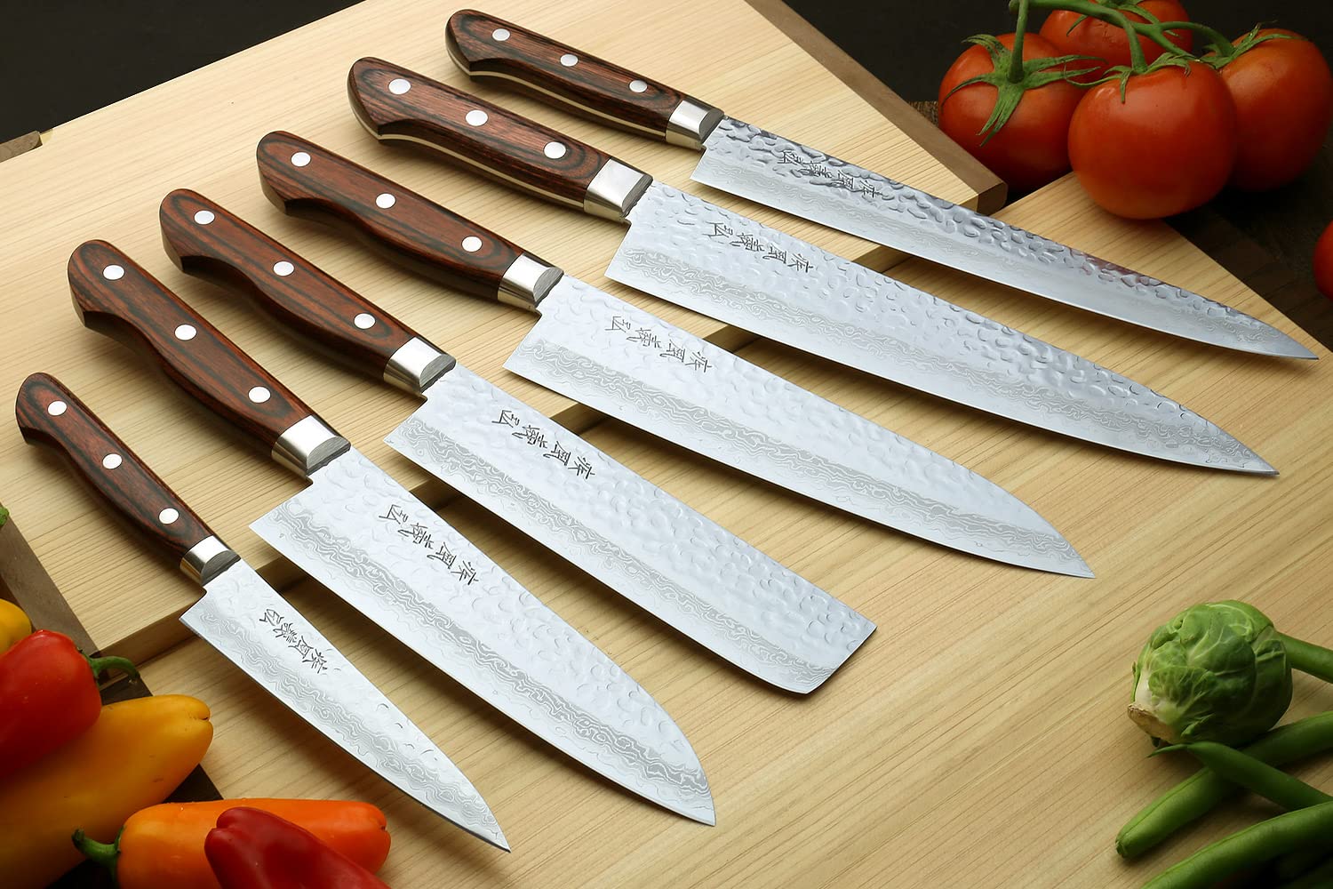 Yoshihiro VG-10 16 Layer Hammered Damascus Stainless Steel Chef Knife 6pc Set - MADE IN JAPAN