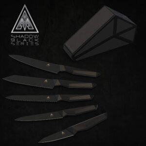 The Shadow Black Series 5-Piece Knife Block Set Bundle with The Shadow Black Series 4-Piece Steak Knife Set