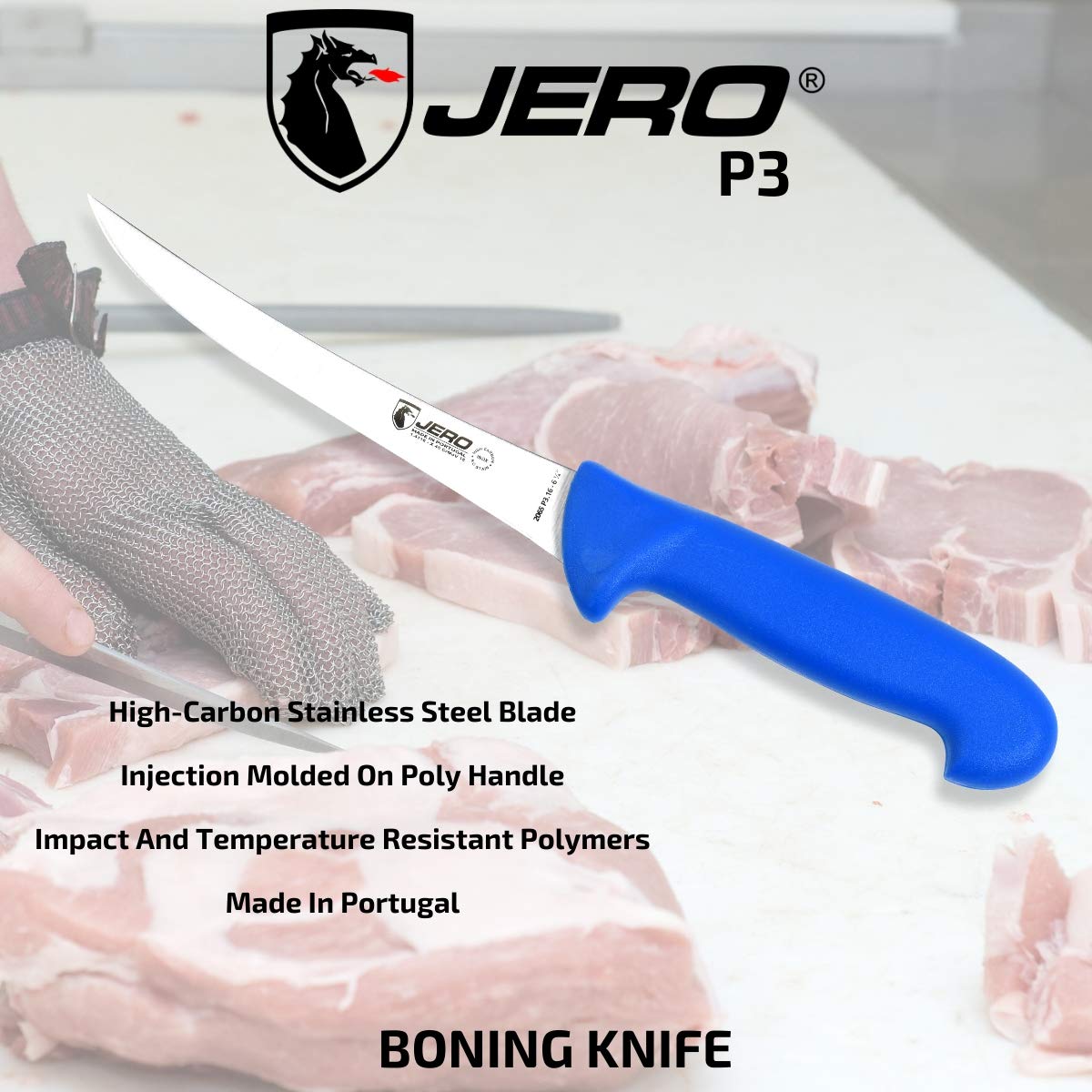 Jero Butcher Series P3 6" Curved Half Flex Blade Boning Knife - German Stainless Steel - Polymer Handle - Meat Processing Butcher or Chef Knife - Model 2065FP3