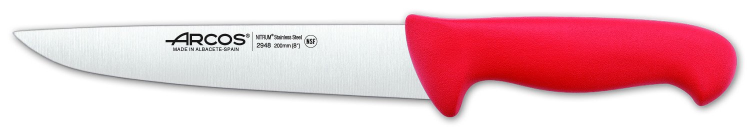 Arcos Butcher Knife 8 Inch Nitrum Stainless Steel and 200 mm blade. Professional Cooking Knife For Cutting Meat, Fish and Vegetables. Ergonomic Polyoxymethylene Handle. Series 2900. Color Red