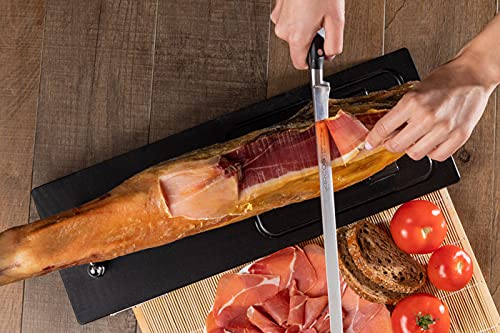 ARCOS Slicing Knife / Ham Knife 12 Inch Nitrum Stainless Steel and 300 mm blade. Ergonomic Polyoxymethylene POM Handle.Series Riviera. Elegant design, along with the comfort of its handle. Color Black