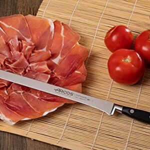 ARCOS Slicing Knife / Ham Knife 12 Inch Nitrum Stainless Steel and 300 mm blade. Ergonomic Polyoxymethylene POM Handle.Series Riviera. Elegant design, along with the comfort of its handle. Color Black