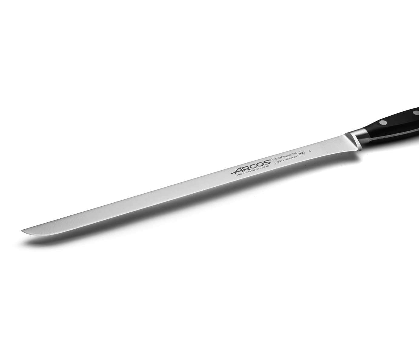 ARCOS Slicing Knife / Ham Knife 12 Inch Nitrum Stainless Steel and 300 mm blade. Ergonomic Polyoxymethylene POM Handle.Series Riviera. Elegant design, along with the comfort of its handle. Color Black