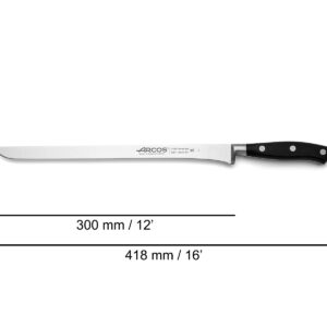 ARCOS Slicing Knife / Ham Knife 12 Inch Nitrum Stainless Steel and 300 mm blade. Ergonomic Polyoxymethylene POM Handle.Series Riviera. Elegant design, along with the comfort of its handle. Color Black