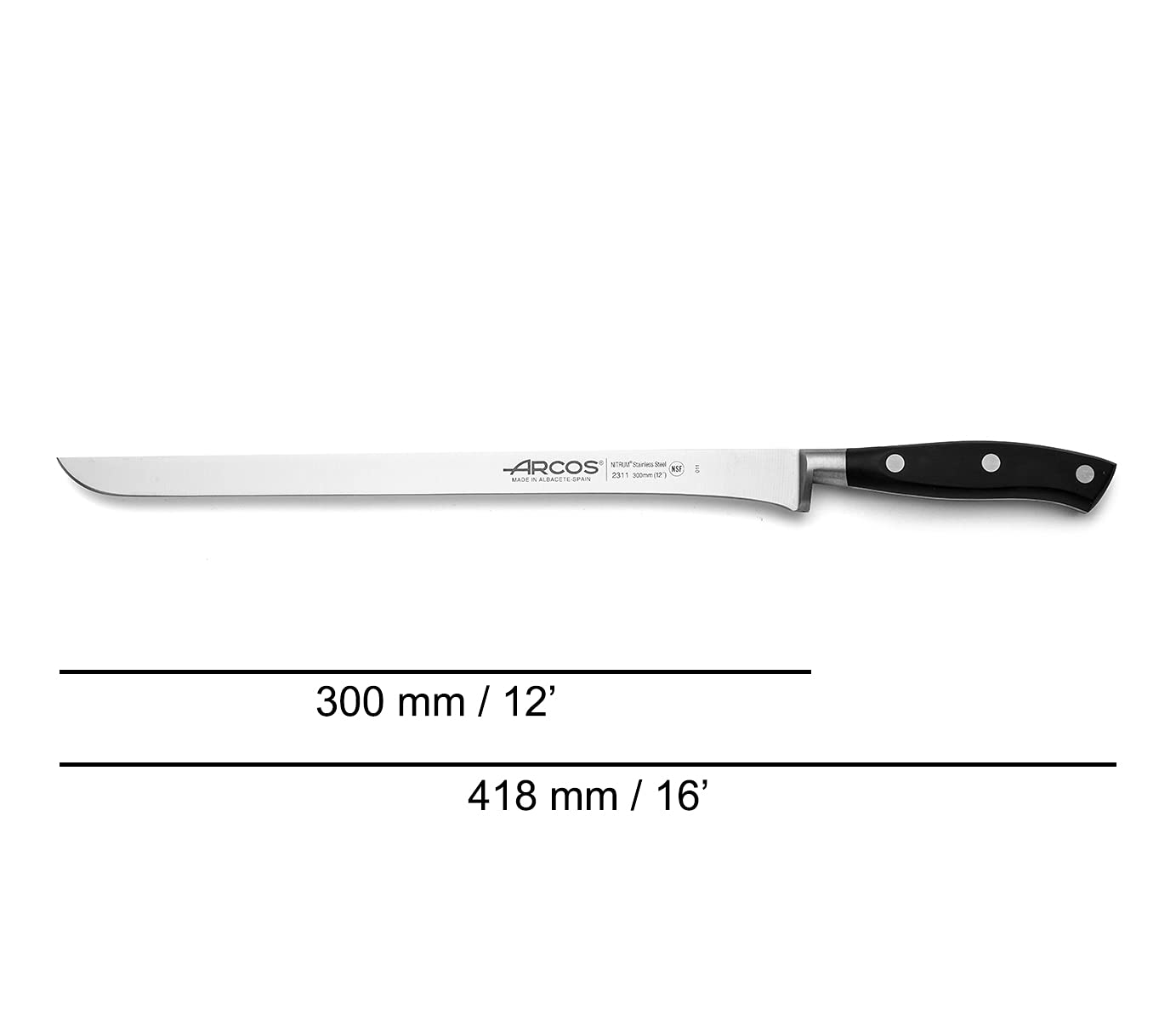 ARCOS Slicing Knife / Ham Knife 12 Inch Nitrum Stainless Steel and 300 mm blade. Ergonomic Polyoxymethylene POM Handle.Series Riviera. Elegant design, along with the comfort of its handle. Color Black