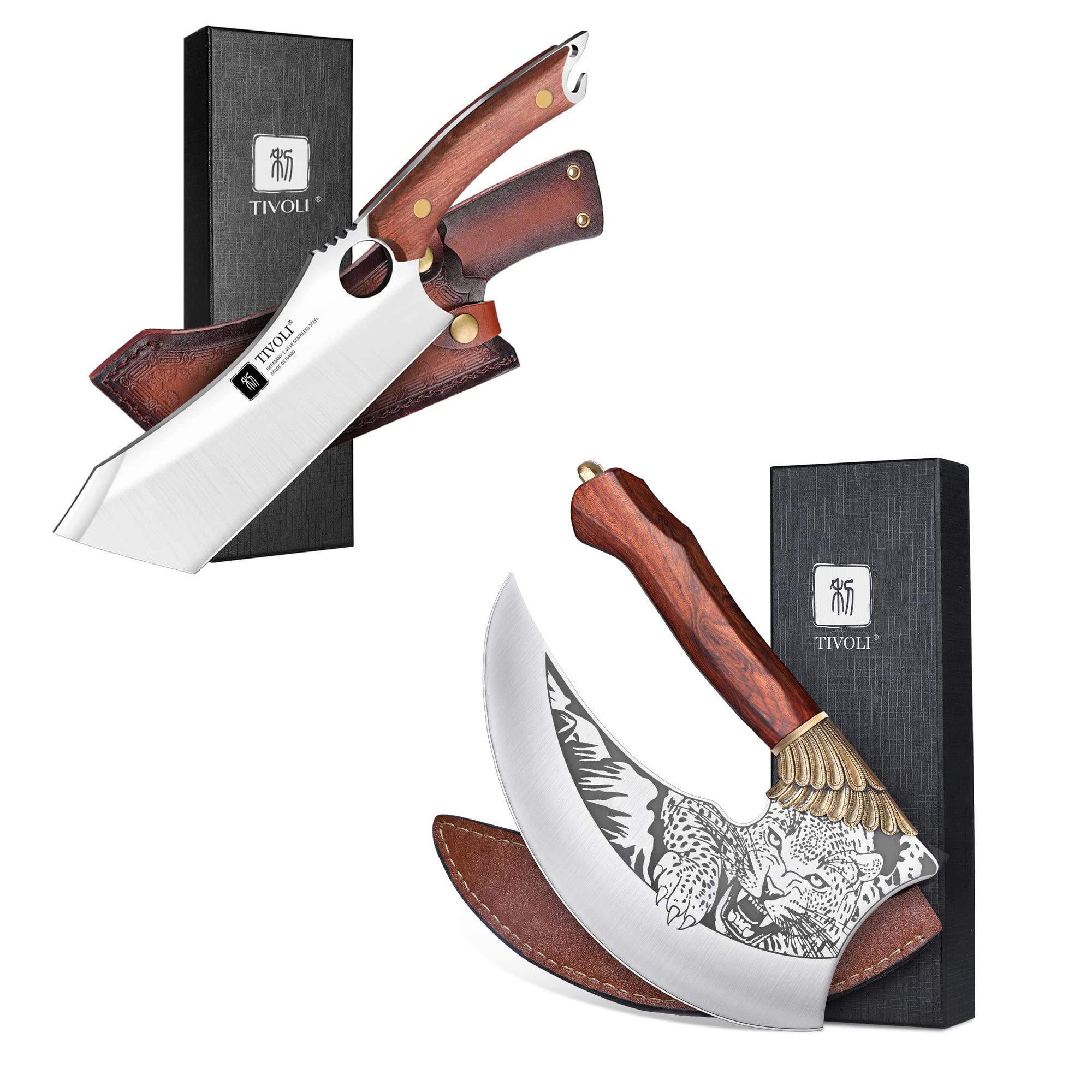 TIVOLI Meat Cleaver Knife Set with 9-inch Pizza Cutter Axe Ulu Knife, Full Tang Cleaver Knife with Sheath Gift Box for Kitchen Outdoor Camping Use