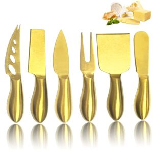 Matte Gold Cheese Knife Set for Platter Accessories - Stainless Steel 6 piece Charcuterie Board Utensils - Brass Cheese Butter Spreader Knife Fork Cutter Slicer - Housewarming Christmas Gift