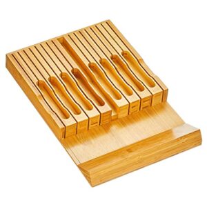 mDesign Bamboo In-Drawer Knife Organizer Holder Storage Block for Kitchen; 16-Slot Cutlery Dock Insert Holds 8 Small Knives, 8 Large Knives and Sharpener - Home Sort Collection - Natural