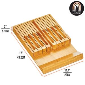 mDesign Bamboo In-Drawer Knife Organizer Holder Storage Block for Kitchen; 16-Slot Cutlery Dock Insert Holds 8 Small Knives, 8 Large Knives and Sharpener - Home Sort Collection - Natural