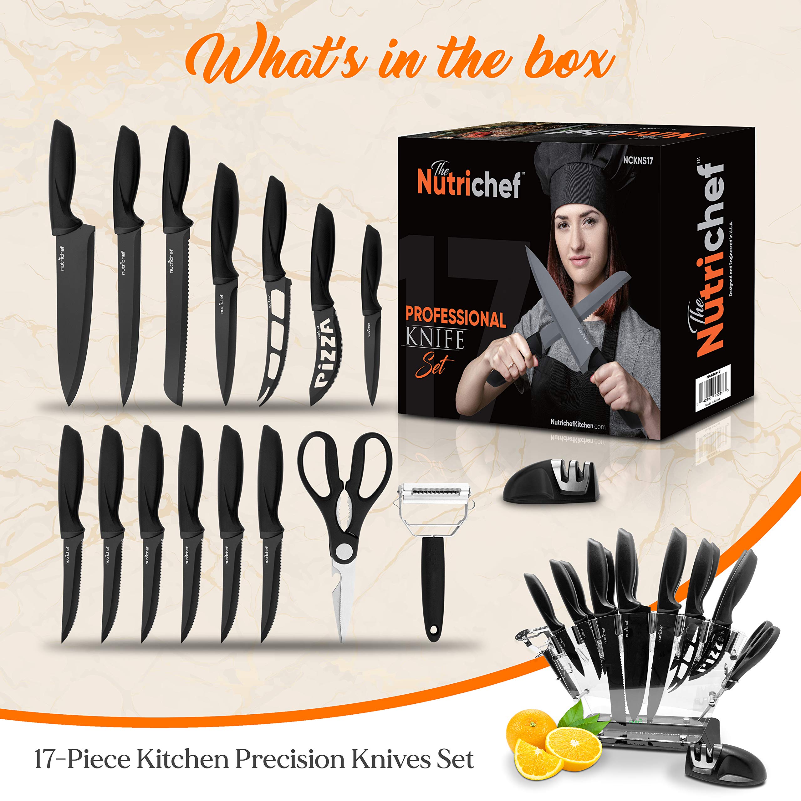 NutriChefKitchen 17 Piece Kitchen Knife Set - Stainless Steel Kitchen Precision Knives Set w/ 6 Steak Knives & Bonus Sharpener, Chopping, Dicing - NCKNS17.5, Black