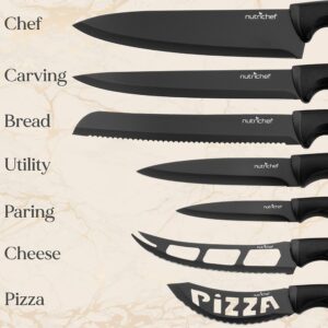 NutriChefKitchen 17 Piece Kitchen Knife Set - Stainless Steel Kitchen Precision Knives Set w/ 6 Steak Knives & Bonus Sharpener, Chopping, Dicing - NCKNS17.5, Black